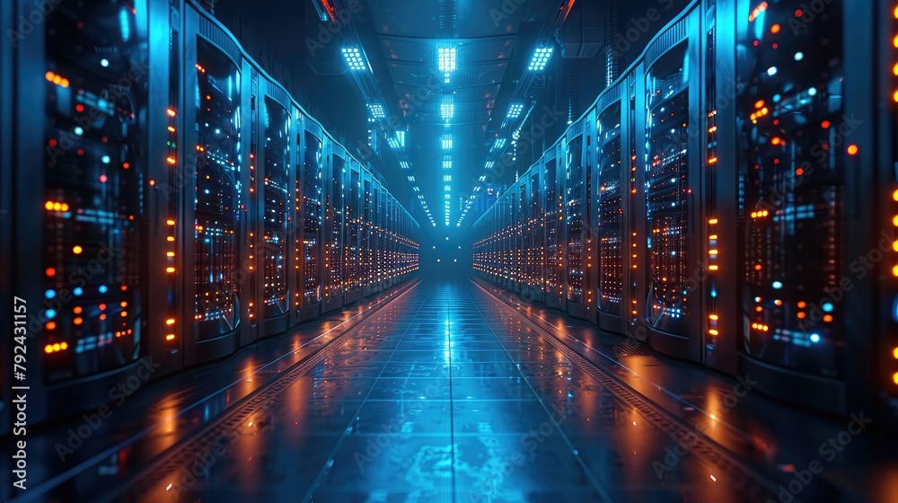 Modern Data Technology Center Server Racks In Dark Room With Vfx Visualization Concept Of