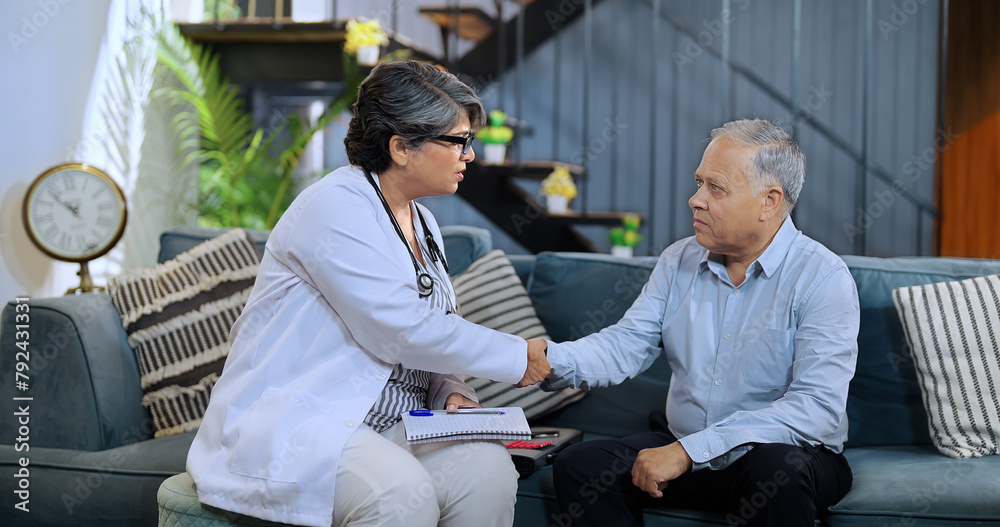 Indian Hindu older active nurse female lady doctor visit home check old ...