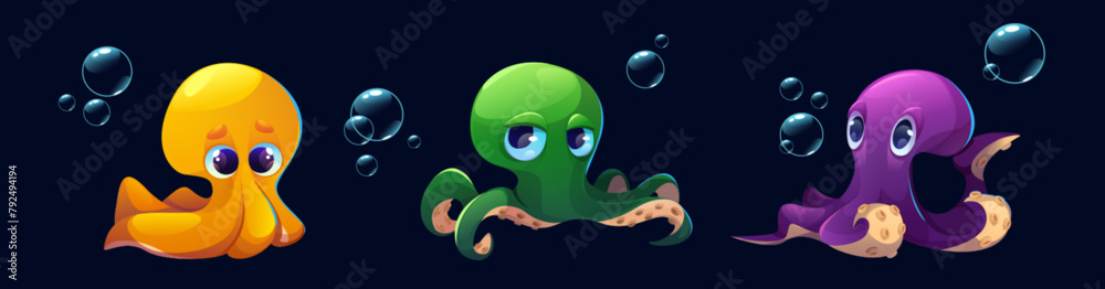Octopus characters set isolated on black background. Vector cartoon ...