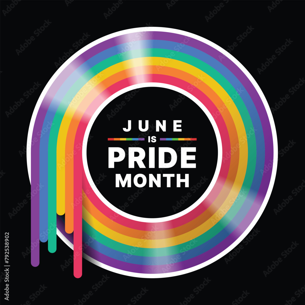 June is pride month - Text in circle rainbow pride flag dish frame ...