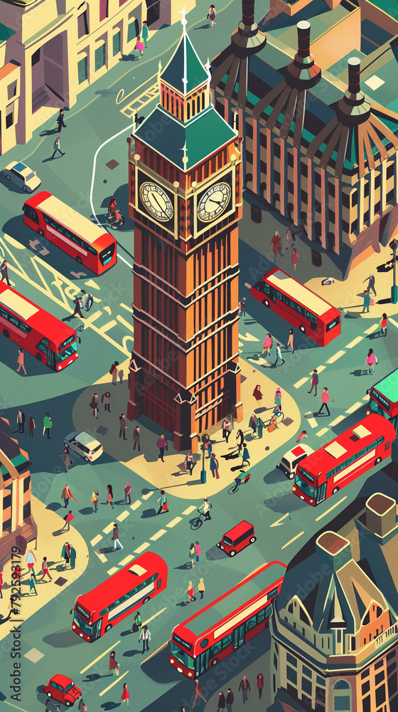 Detailed isometric illustration of Big Ben in London with red double ...