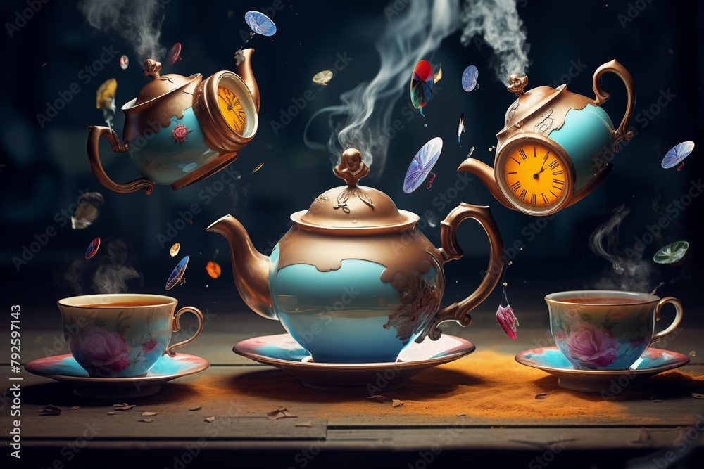 scene from Alice in Wonderland with flying teapots and cups. Tea ...