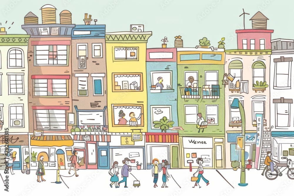 Cartoon cute doodles of a tall apartment building with a bustling ...