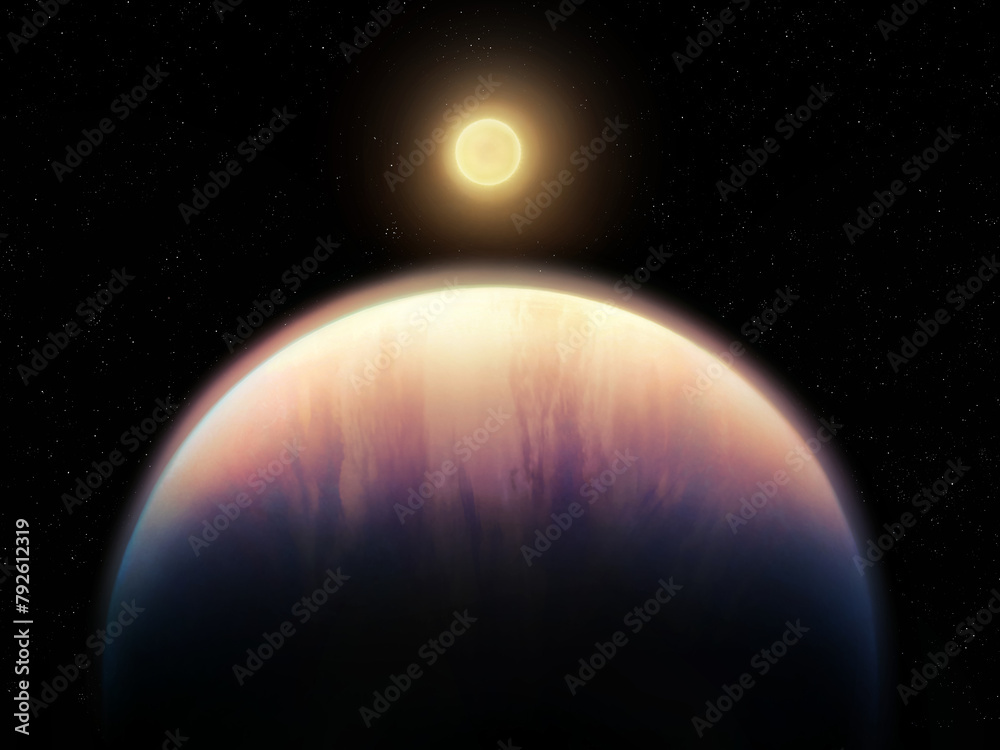 Sunrise over an extrasolar planet, exoplanet surface. Planet with ...