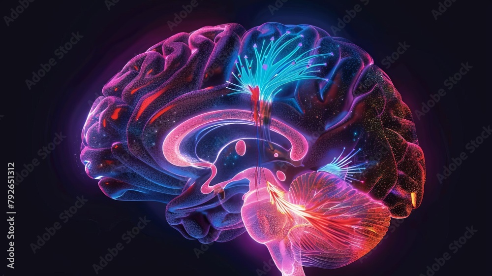 An illustrative diagram of the human brain, highlighting areas affected by ADHD with glowing ...