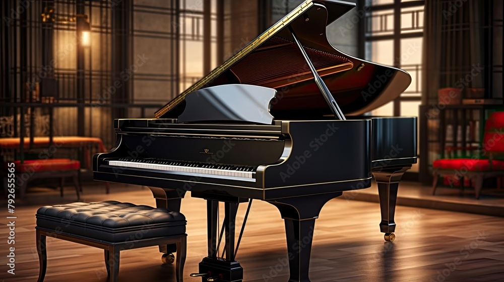 Stock-Foto „Luxurious grand piano standing on a stage in a big concert ...