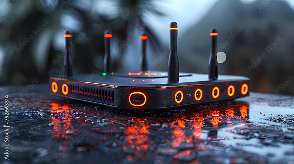 A close-up image of a high-speed Wi-Fi router with multiple antennas ...