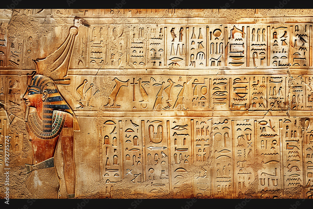 Old Egyptian hieroglyphs on an ancient background. Wide historical ...