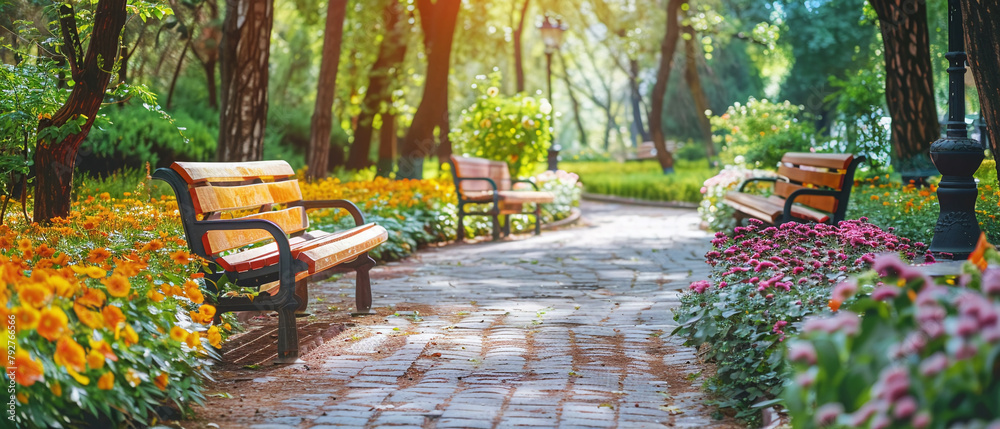 Pastel public park, where candycolored benches and flowers foster a ...