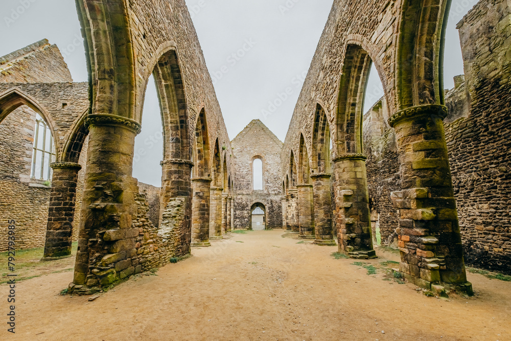 Ruins of the Pointe Saint-Mathieu abbey in Finistère and top of a ...