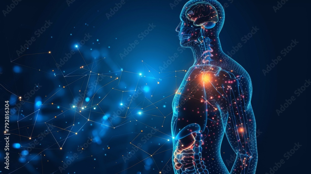 Healthy heart beats model of a man silhouette on a low poly background ...