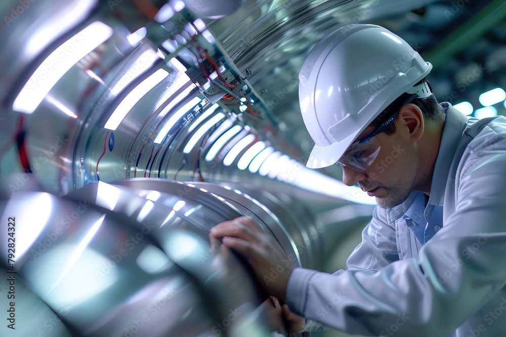 Magnetic levitation transit system engineer inspecting the maglev train ...