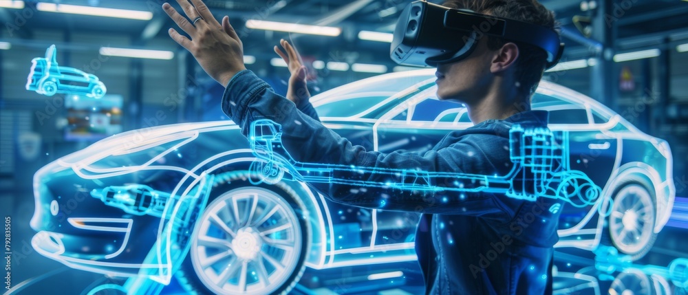 An automotive engineer uses a virtual reality headset to analyze and ...