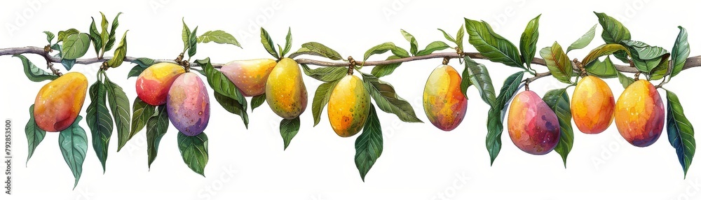 An educational poster scene depicting different stages of mango growth ...