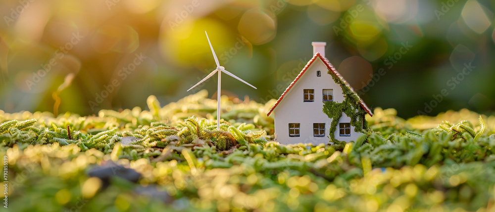 Miniature model house with wind turbine power generation, alternative ...