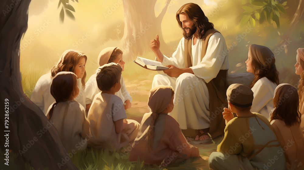 Stock-Foto „Jesus with group of children in park. Teaching children ...