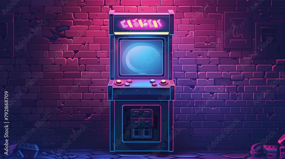 A retro arcade video game screen machine background. A vintage 80s ...