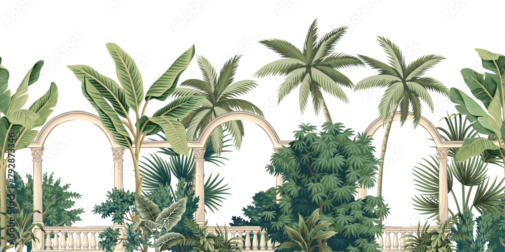Tropical vintage botanical palm trees, banana tree, green plants, arch ...