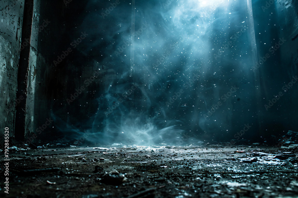 Abandoned room with ghostly smoke and floating dust particles. Haunting ...