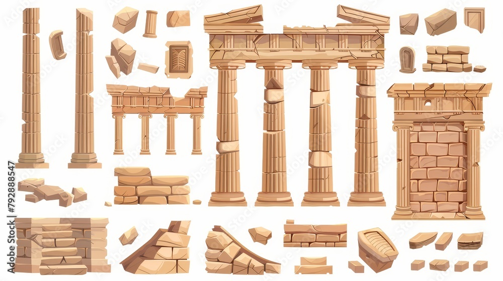 Various ancient preserved and ruined facades isolated on white ...