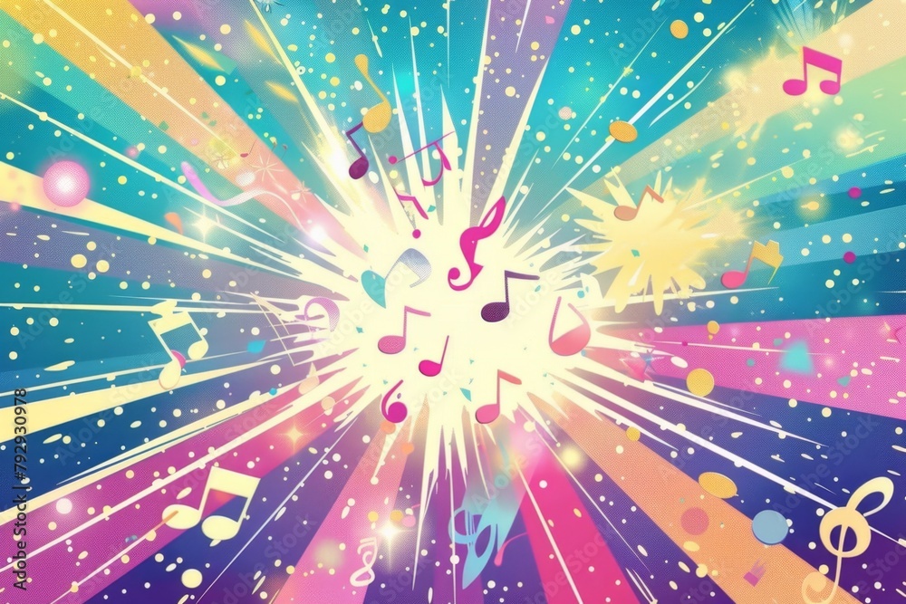 an explosion with musical notes and sparkles, simple shapes, colorful ...