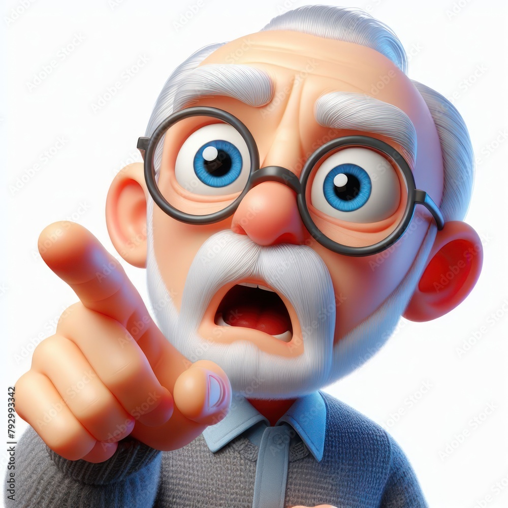 Surprised shocked scared 3D cartoon old man character showing pointing ...