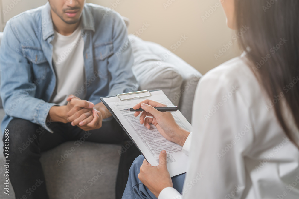 Psychology, depression. Suffer asian young man consultation with ...