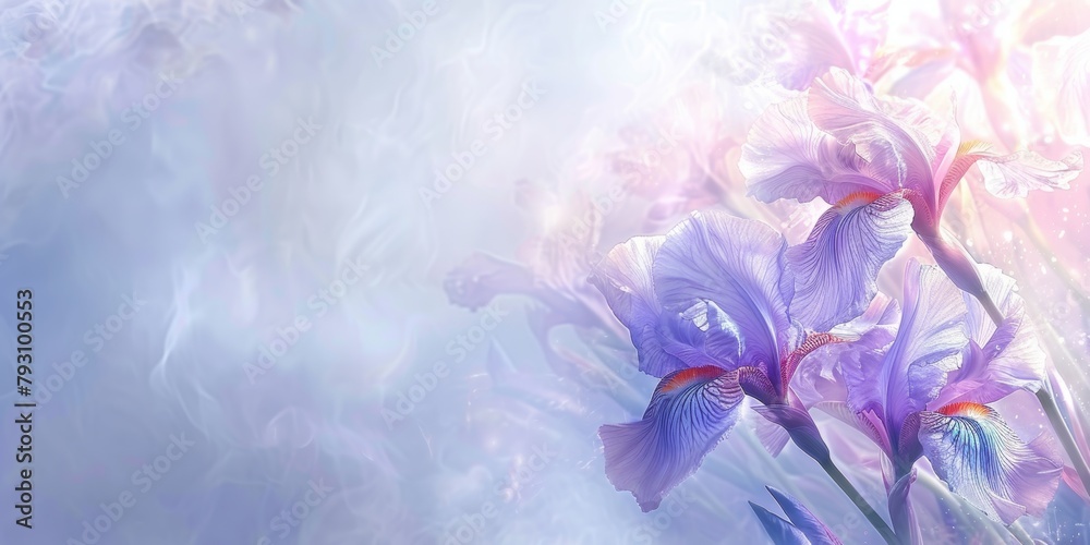 Ethereal blue irises on a soft-focus abstract background with light ...