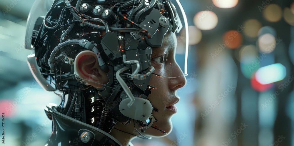 Design a futuristic interface that merges seamlessly with the human brain, showcasing the ...