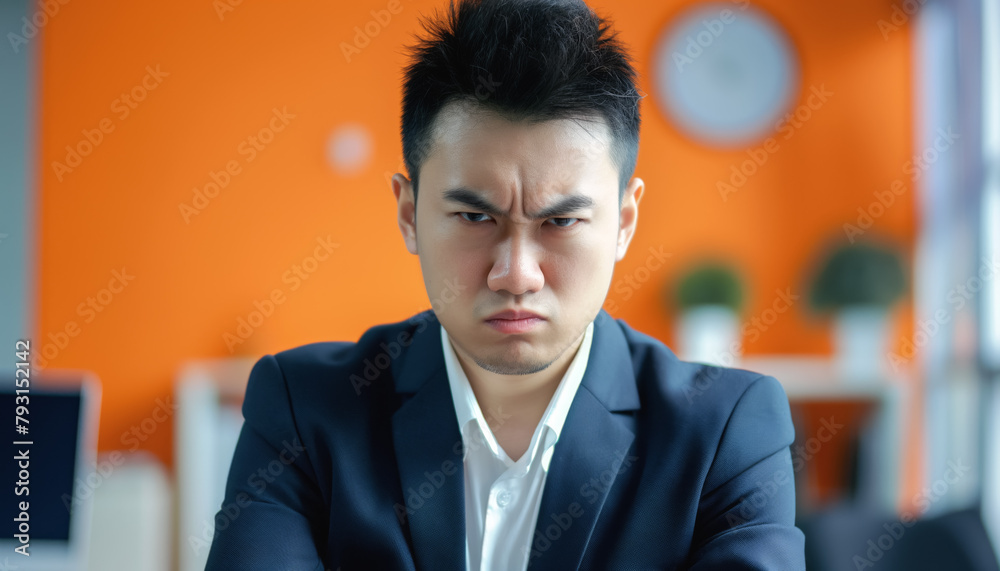 Frustrated angry office worker, Asian man in formal clothes looking ...