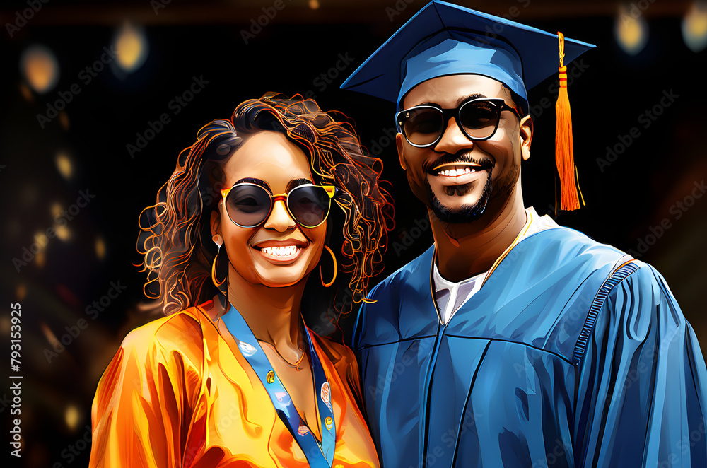 Mother parent with her university college graduate student son in gown ...