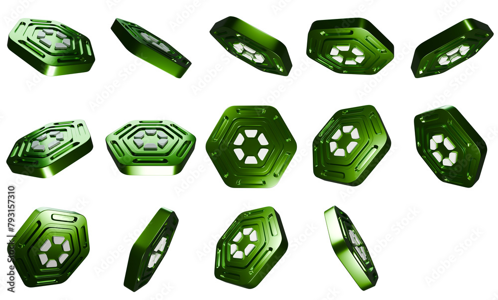 3d render of green hexagon game chip with white recycling symbol on it ...