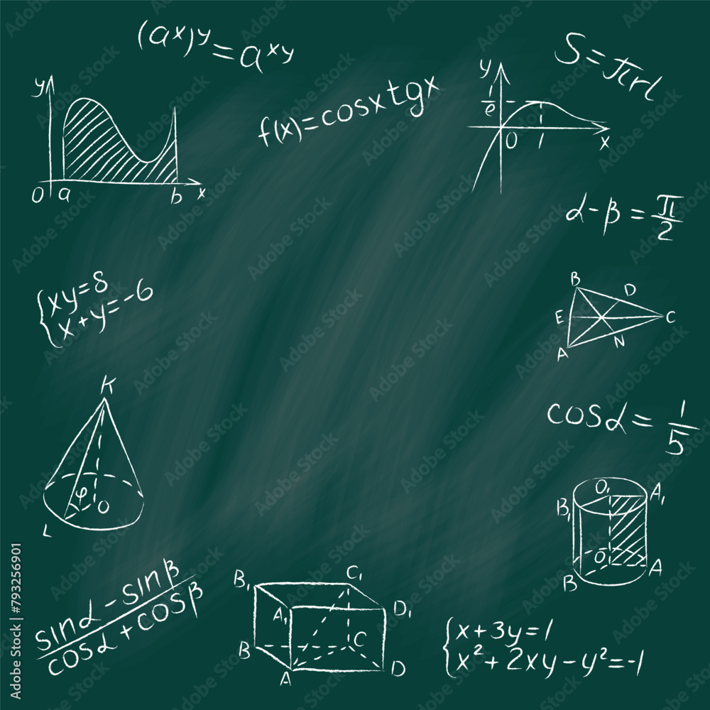 Chalk doodle math blackboard. Round design template include of ...