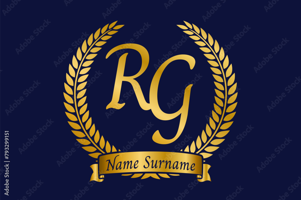 Initial letter R and G, RG monogram logo design with laurel wreath ...