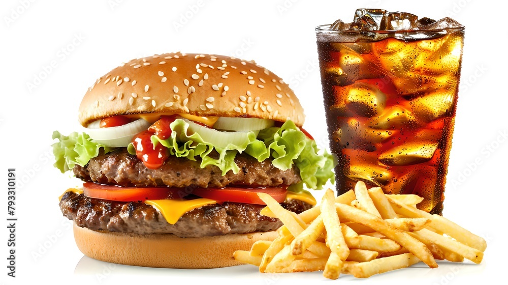 Delicious cheeseburger meal with fries and soda on white backdrop ...