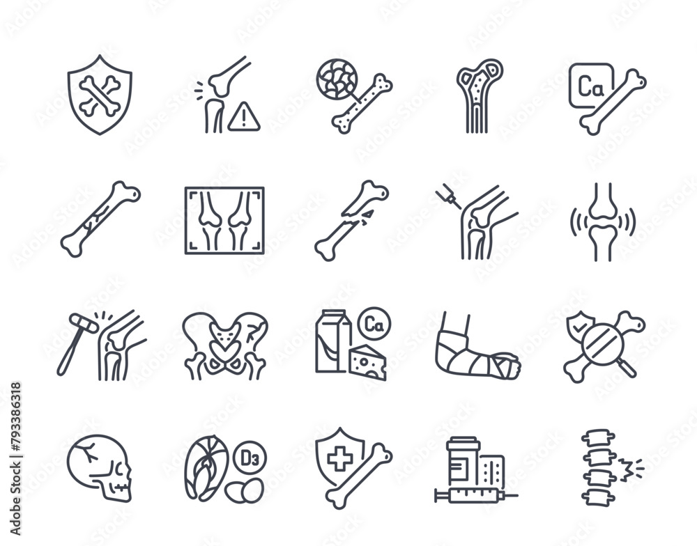 Set of bone line icons. Symbols with broken bones, calcium, x-ray ...
