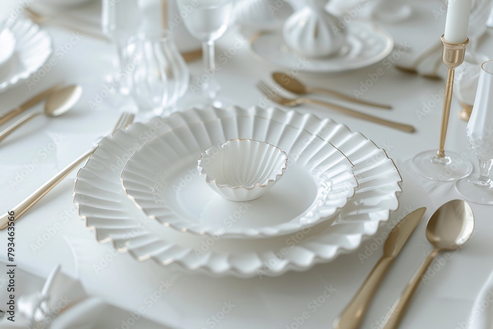 Elegant white dinner table setting featuring scalloped plates, gold ...