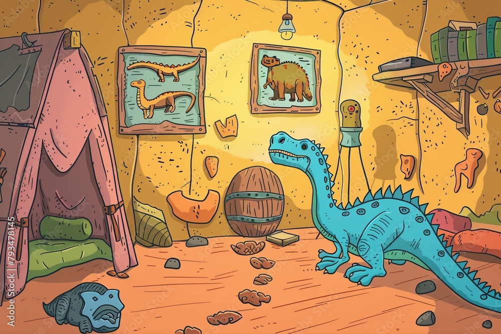 Cartoon cute doodles of a dinosaur excavation room with fossil wall art ...