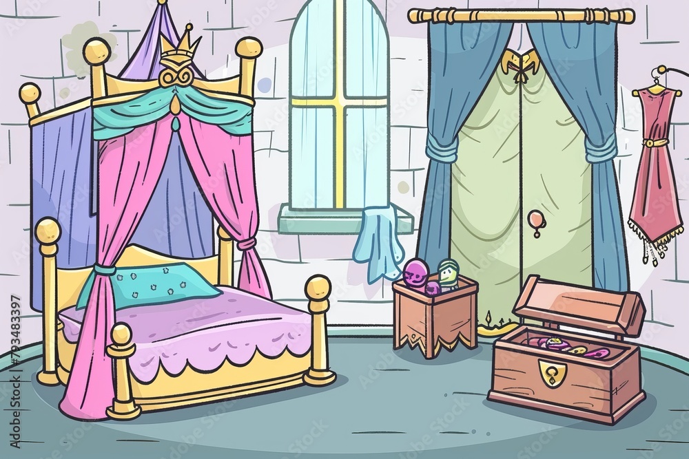Cartoon cute doodles of a princess castle bedroom with a canopy bed ...