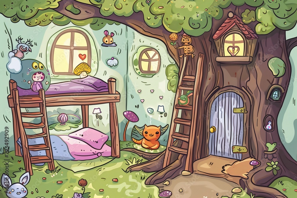 Cartoon cute doodles of an enchanted forest room with treehouse bunk ...