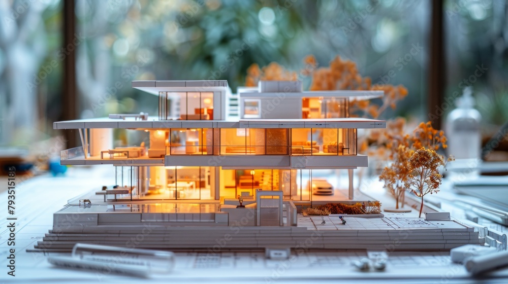 House project planning, detailed blueprints spread, focus on ...