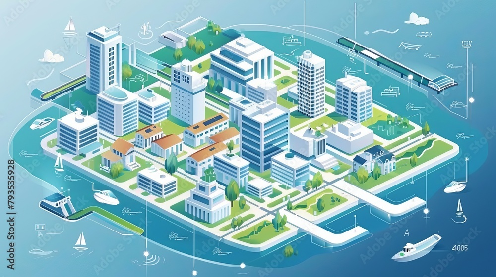 Isometric map or scheme of city with downtown, industrial district ...