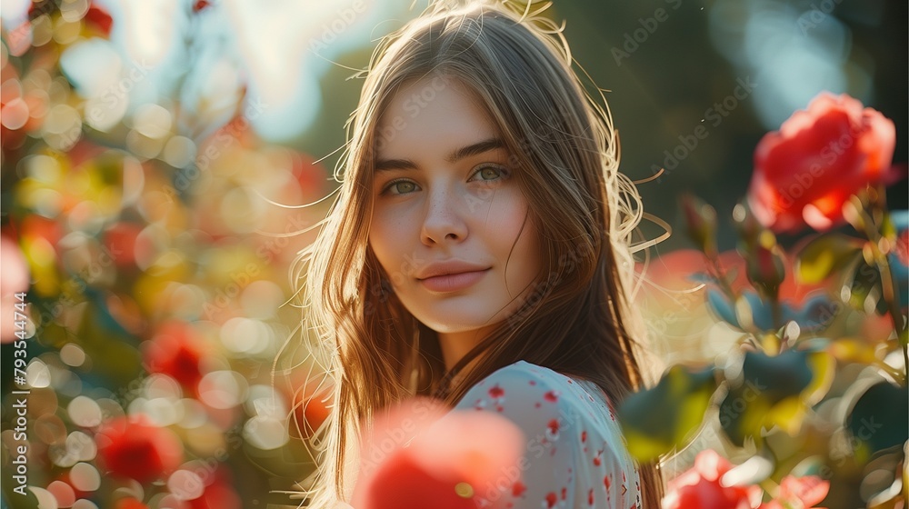 A young woman with long hair smiles softly among vibrant roses ...