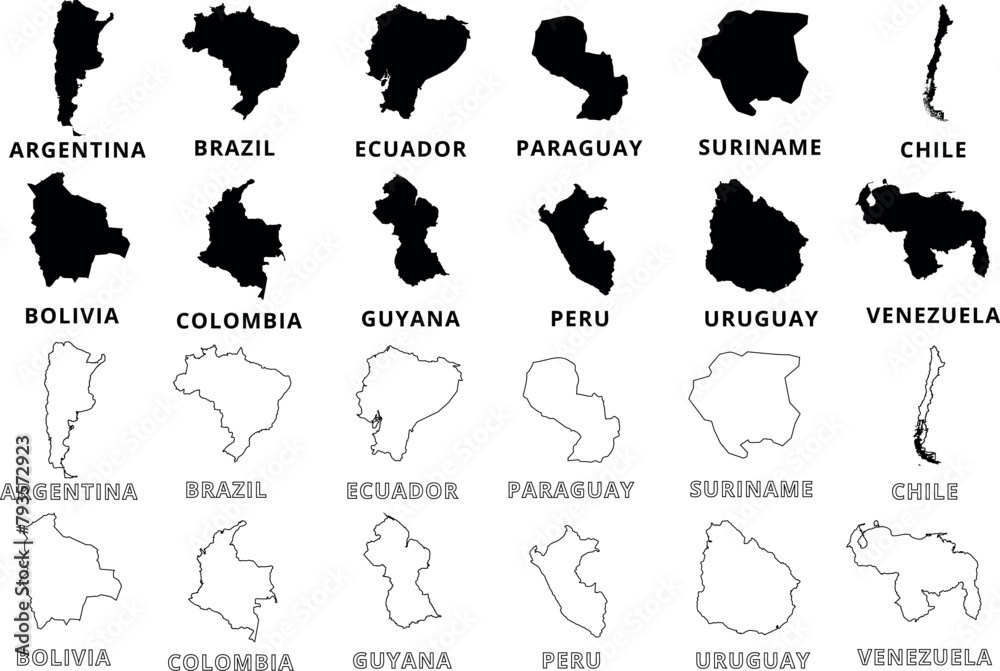 Stock-Vektorgrafik „South America map silhouette, outline maps of ...