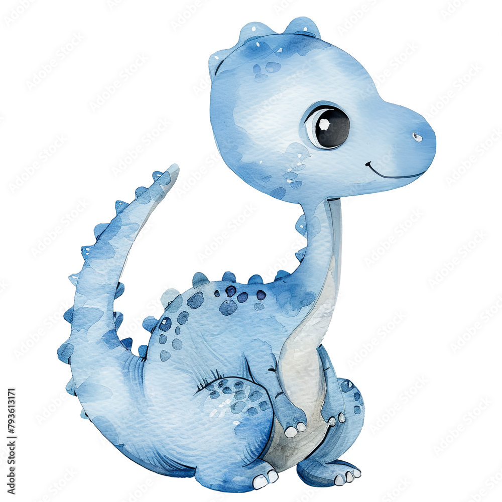 Cute baby blue dinosaur watercolor clipart illustration isolated on ...