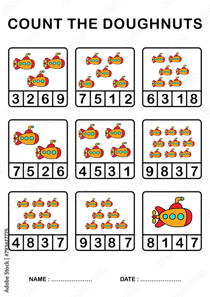 Printable worksheet Number count submarine for Kindergarten and ...