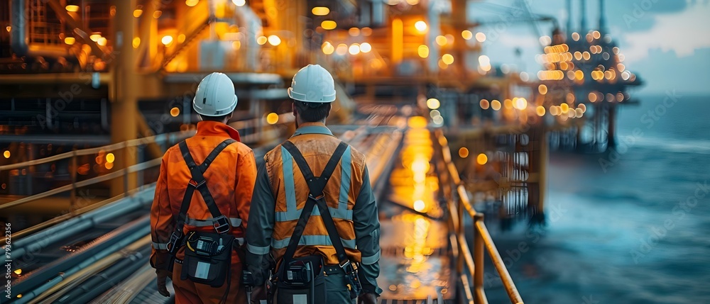 Engineers overseeing construction of an offshore oil rig in the sea ...
