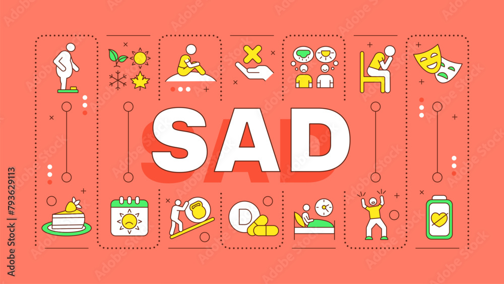 SAD red word concept. Affective disorder, low mood. Interest loss ...