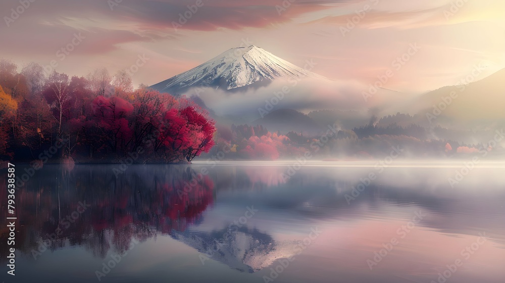 Colorful Autumn Season and Mountain Fuji with morning fog and red ...