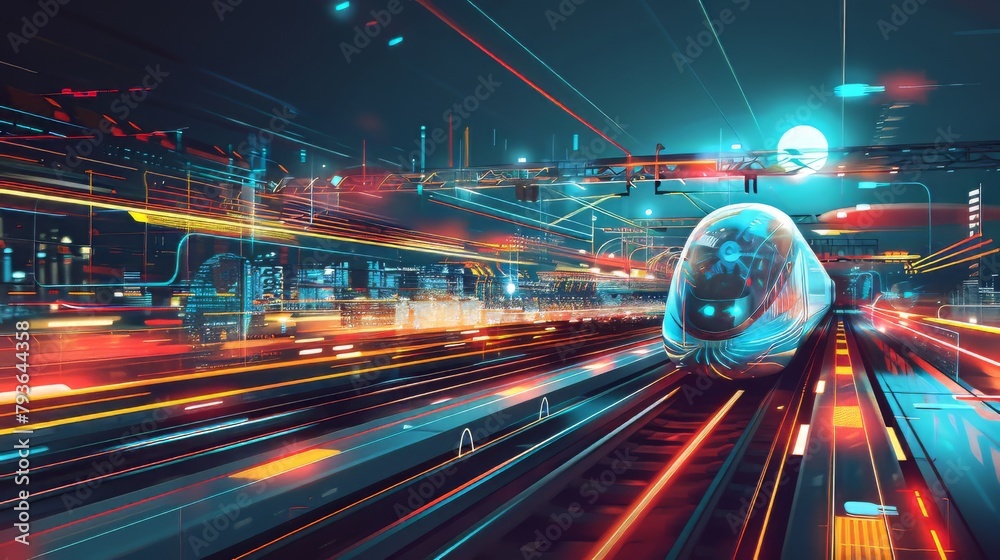 Abstract illustration of futuristic transportation concepts with emphasis on high-speed rail and ...